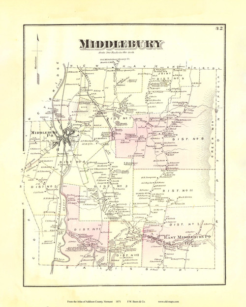 Middlebury, Vermont 1871 Old Town Map Reprint - Addison Co. 32 - OLD MAPS