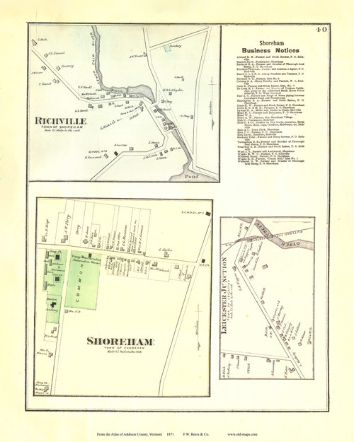 Shoreham, Richville, and Liecester Junction Villages, Vermont 1871 Old ...