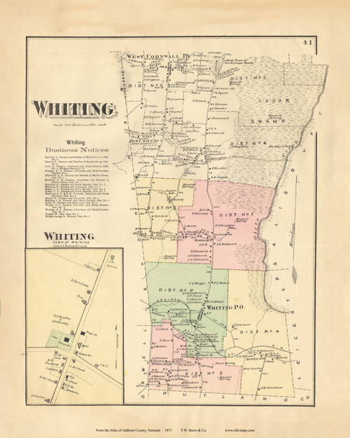 Whiting and Whiting Village, Vermont 1871 Old Town Map Reprint ...