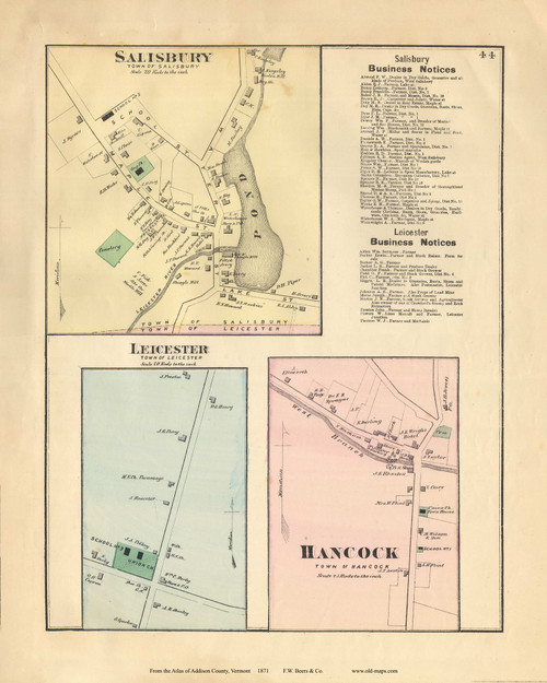 Hancock, Salisbury, and Leicester Villages, Vermont 1871 Old Town Map ...