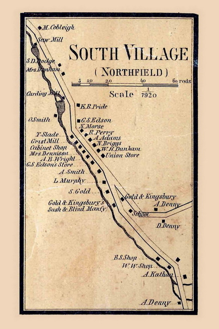 South Village, Northfield, Vermont 1858 Old Town Map Custom Print ...