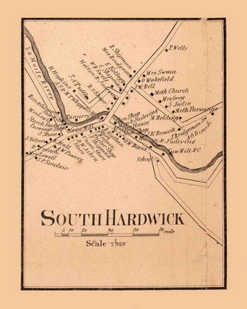 South Hardwick Village, Hardwick, Vermont 1858 Old Town Map Custom ...