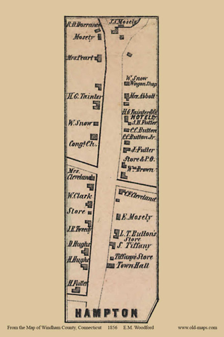 Hampton Village - Hampton Connecticut 1856 Old Town Map Custom Print ...