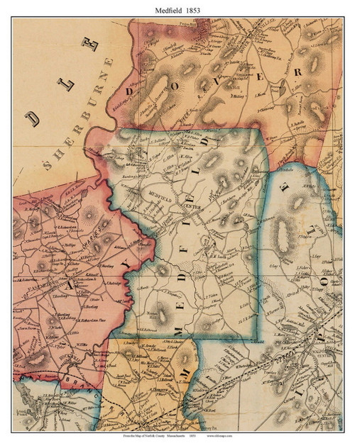 Medfield, Massachusetts 1853 Old Town Map Custom Print - Norfolk Co ...