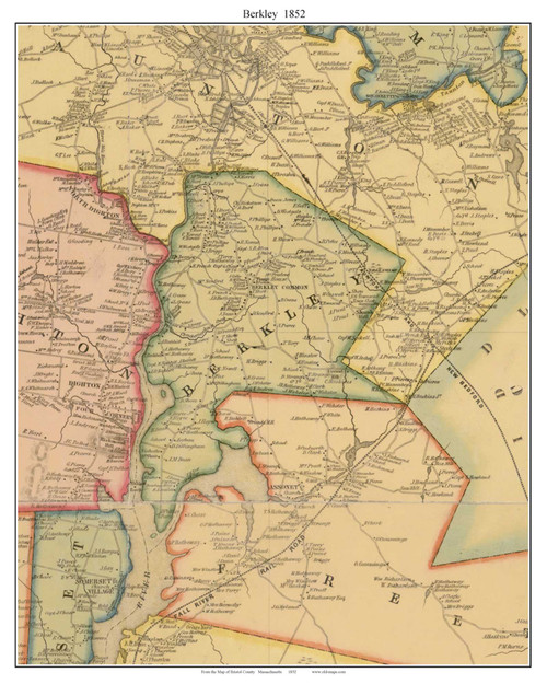 Berkley Massachusetts 1852 Old Town Map Custom Print - Bristol Co ...