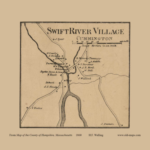 Swift River Village, Cummington, Massachusetts 1860 Old Town Map Custom ...