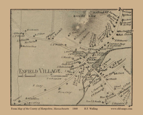 Enfield Village, Enfield, Massachusetts 1860 Old Town Map Custom Print ...