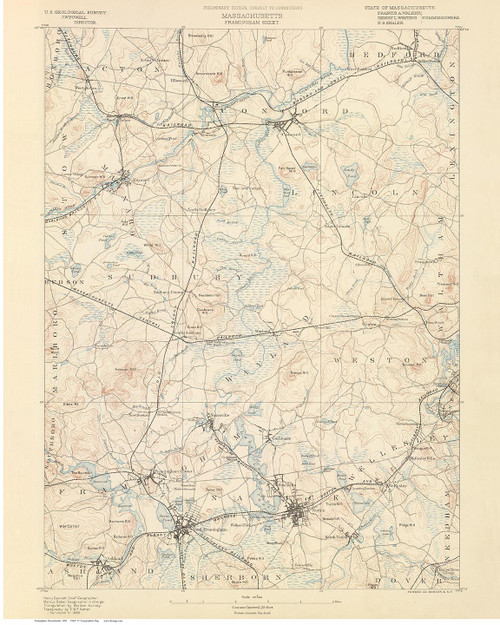 Framingham, MA 1890 USGS Old Topo Map 15x15 Quad RSY - OLD MAPS
