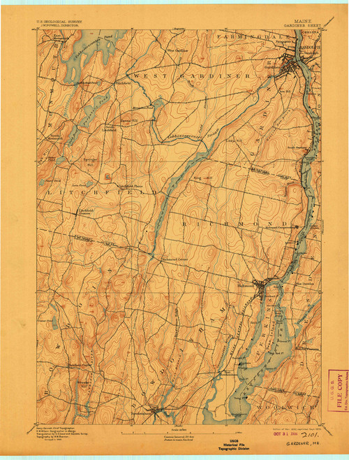 Gardiner, Maine 1894 (1906) USGS Old Topo Map 15x15 Quad - OLD MAPS
