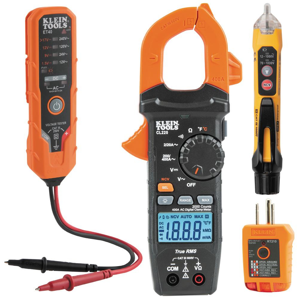 Klein CL220VP Auto-Ranging Electrical Test Kit, 1.6 in Jaw, Backlit LCD ...