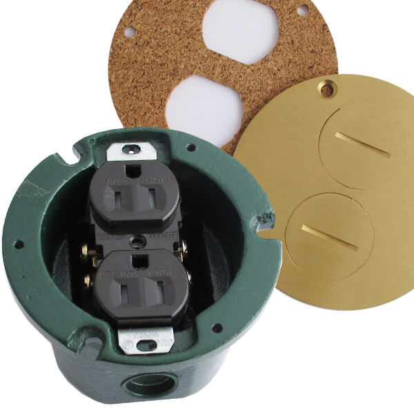 Round 4" Floor Box Assembly Duplex Outlet Brass Cover