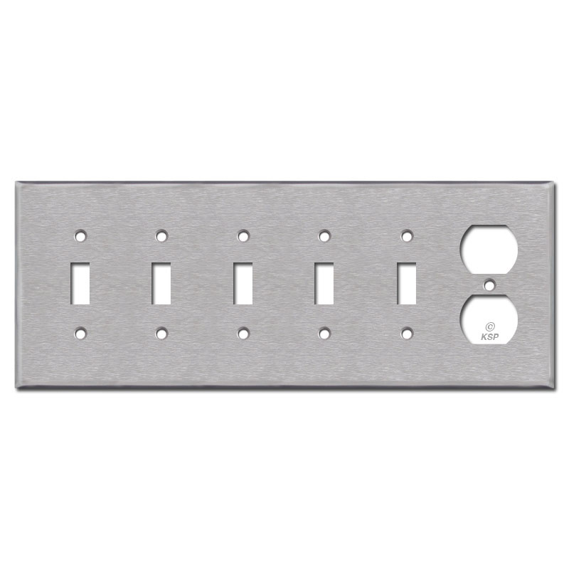 Duplex Receptacle 5 Toggle Light Switch Cover - Stainless Steel