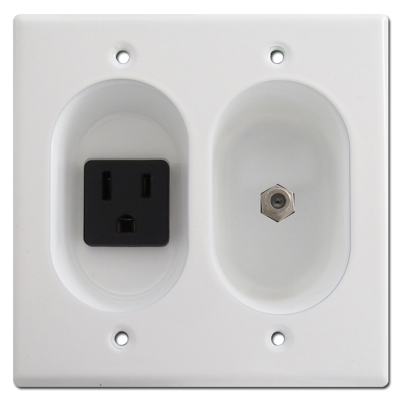 White Double Gang Recessed Receptacle and Coax Cable Connector
