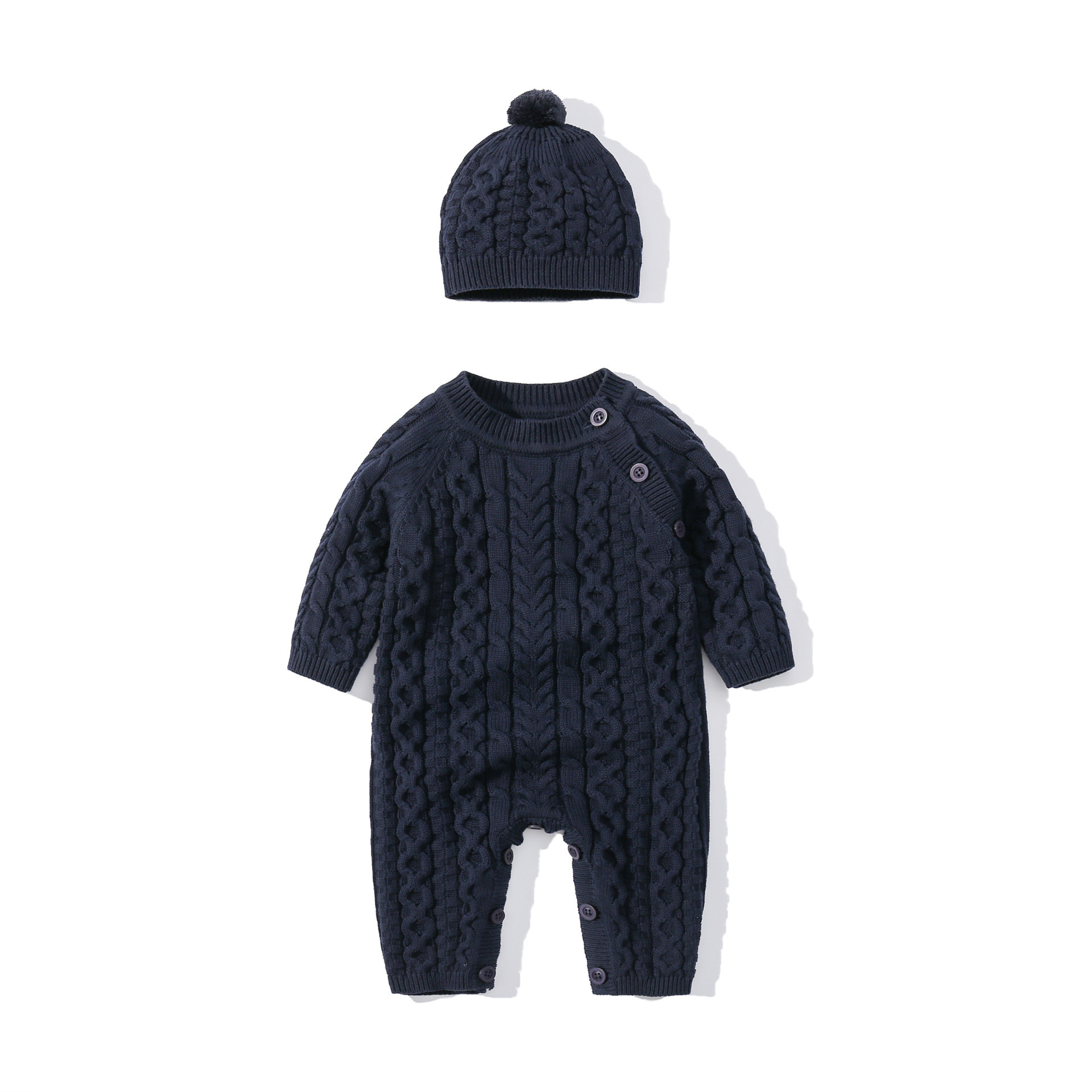 Eign Navy Cable Knit Romper with Pom Hat