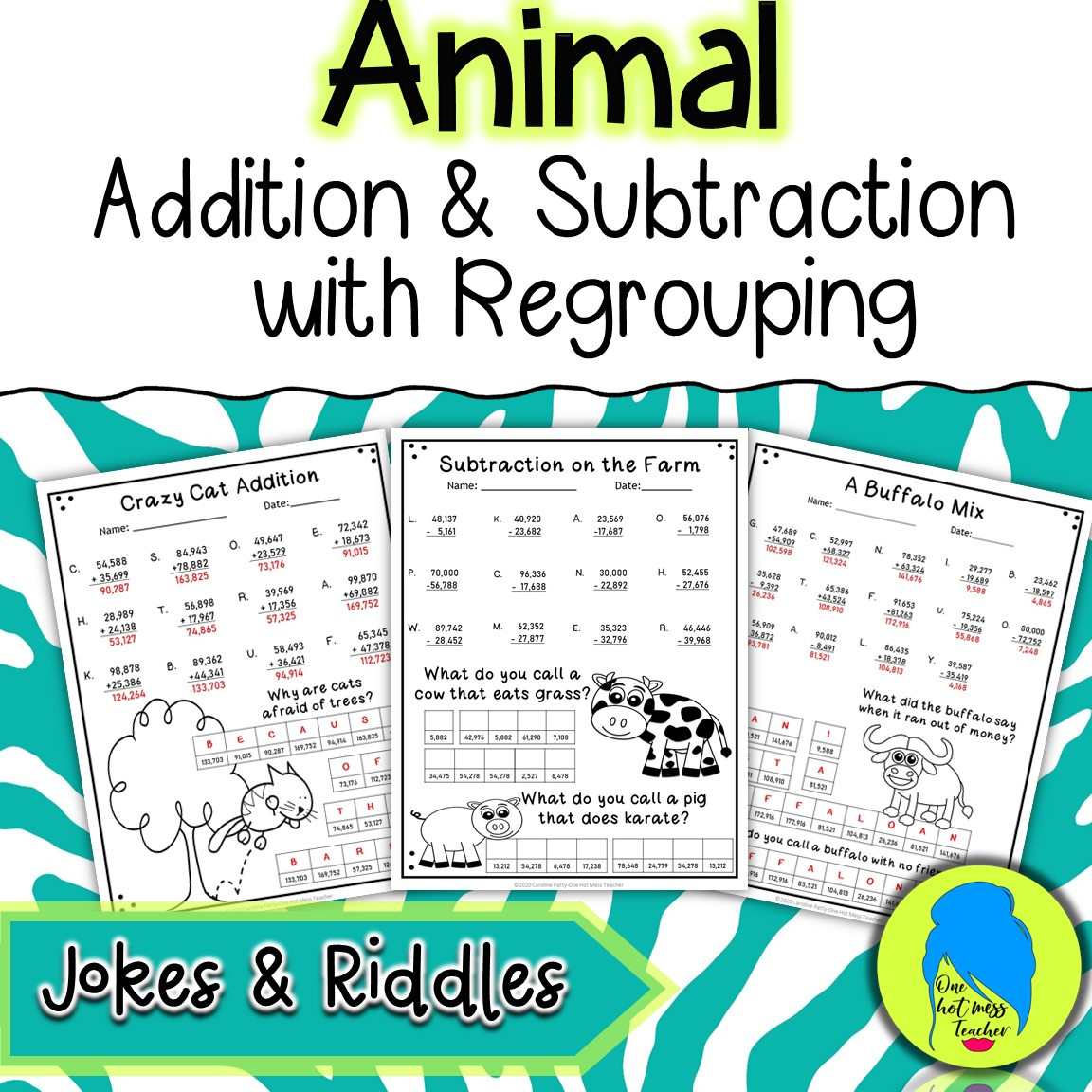 Addition & Subtraction with Regrouping Jokes & Riddles Math: Animal Edition