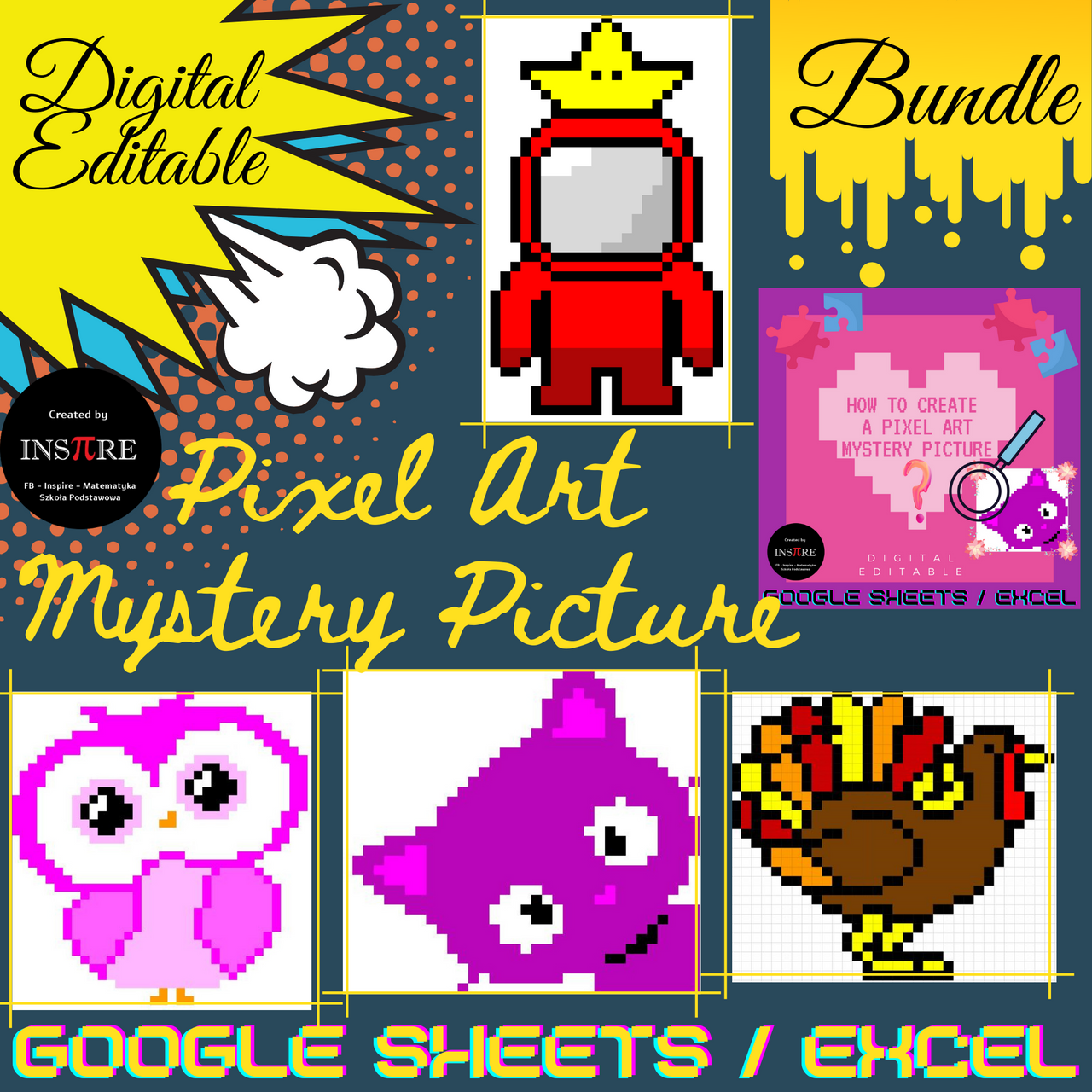 How to create a Pixel Art Mystery + Spaceman, Owl, Kitty, Turkey ...