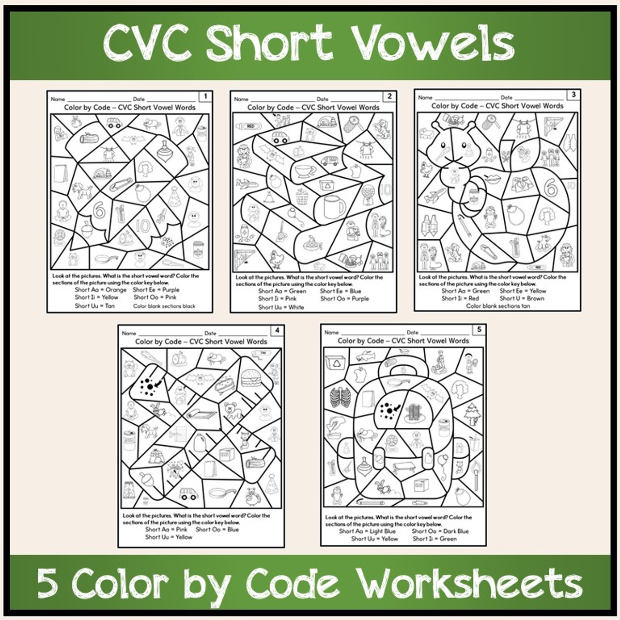 Color by Code Worksheets CVC Short Vowel