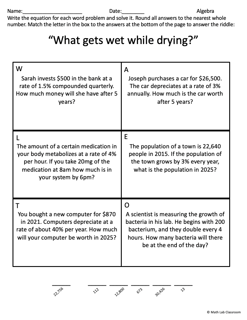 Exponential growth and decay word problems riddle