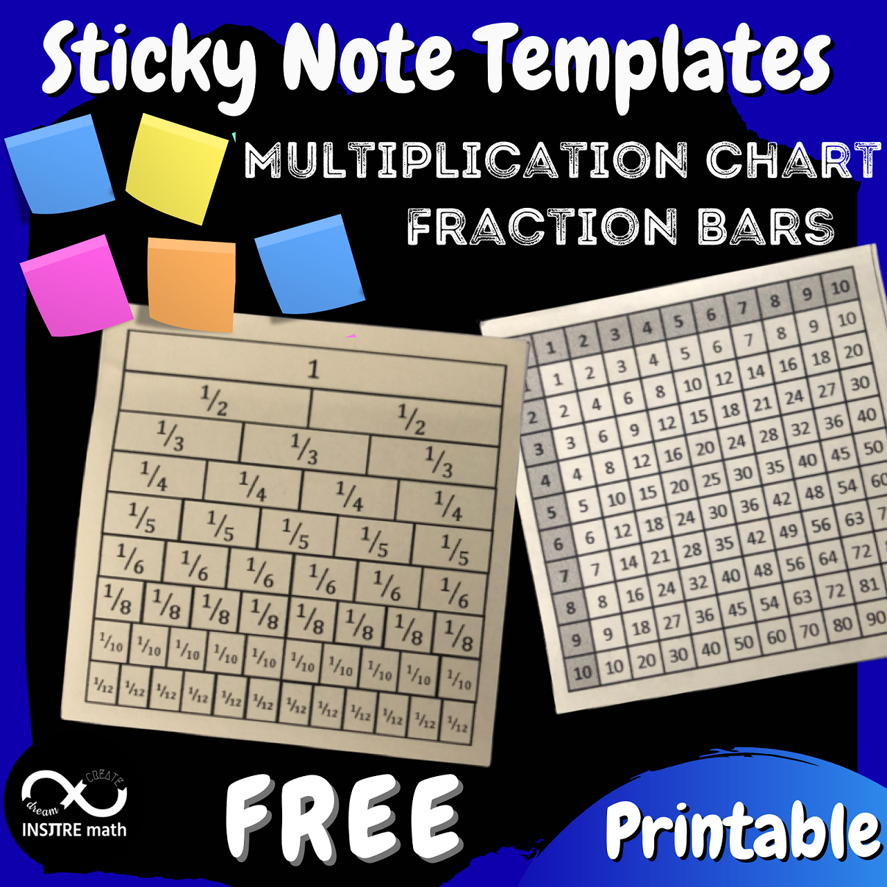 FREE Math Sticky Note Templates Multiplication Facts Chart & Fraction ...