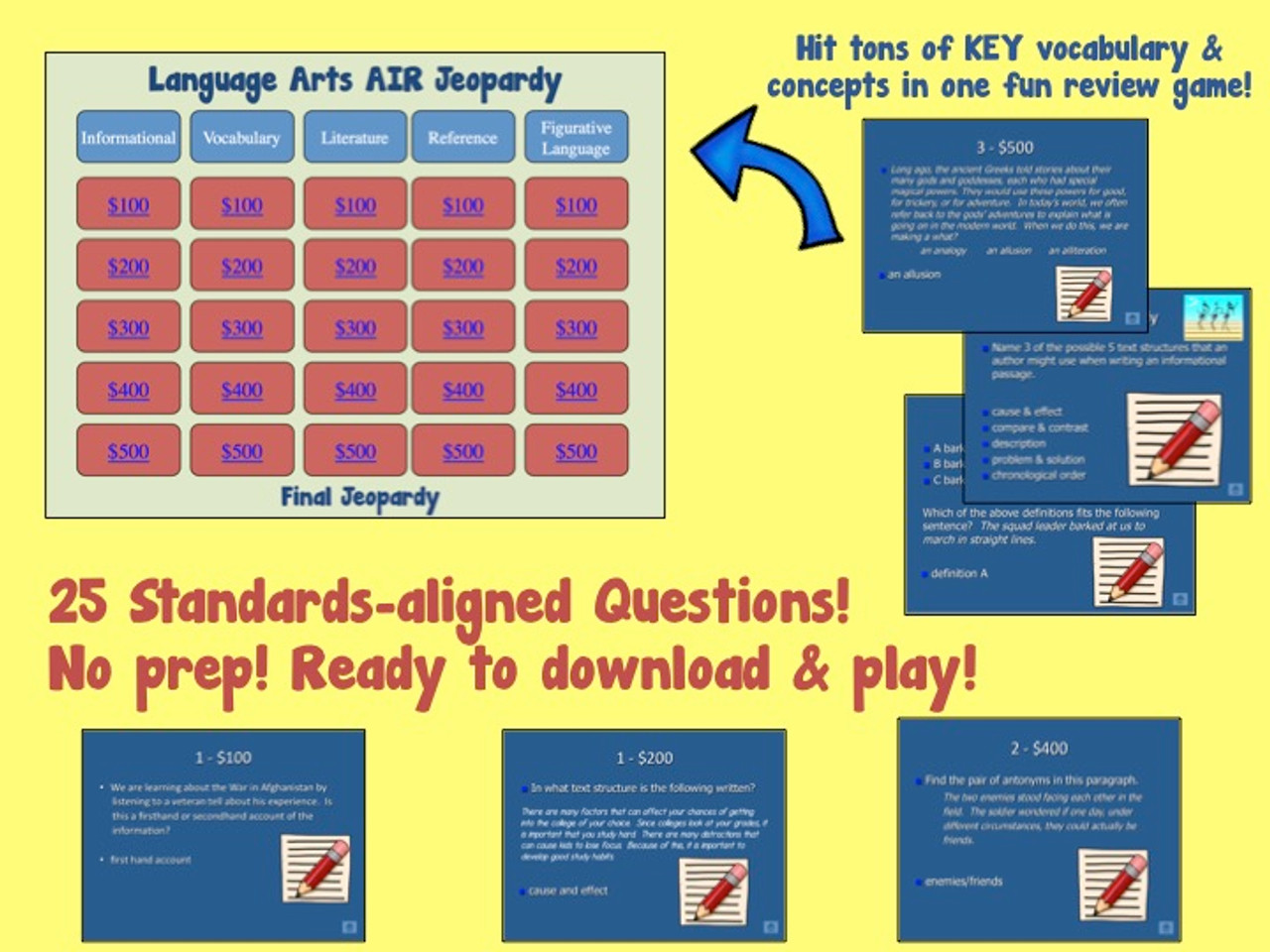 4th and 5th Grade Language Arts STATE TEST PREP Jeopardy Game! - Amped ...