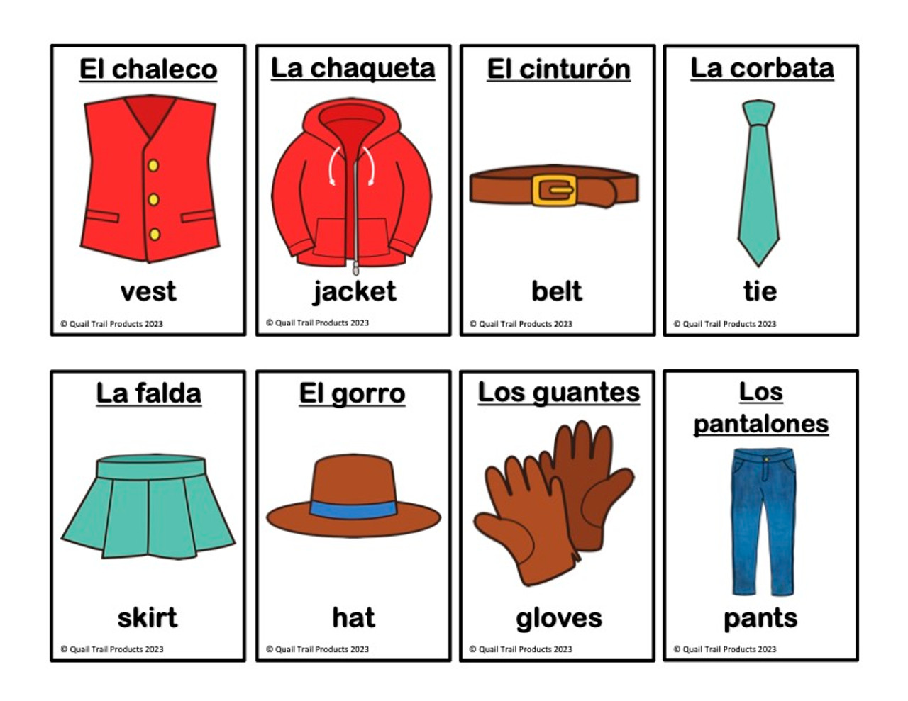 Spanish Clothes Flash Cards