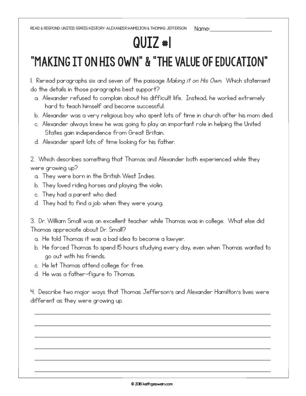 US History Paired Texts: Thomas Jefferson and Alexander Hamilton ...