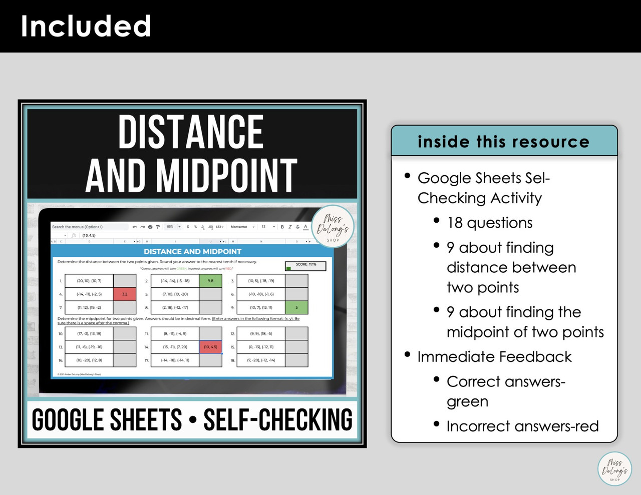 Distance and Midpoint Self Checking Sheet and Auto Grading for Google ...