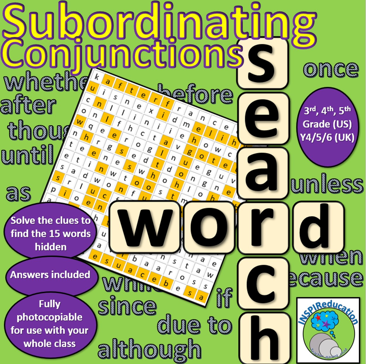 Subordinating Conjunctions Wordsearch (Find all 15 conjunctions ...