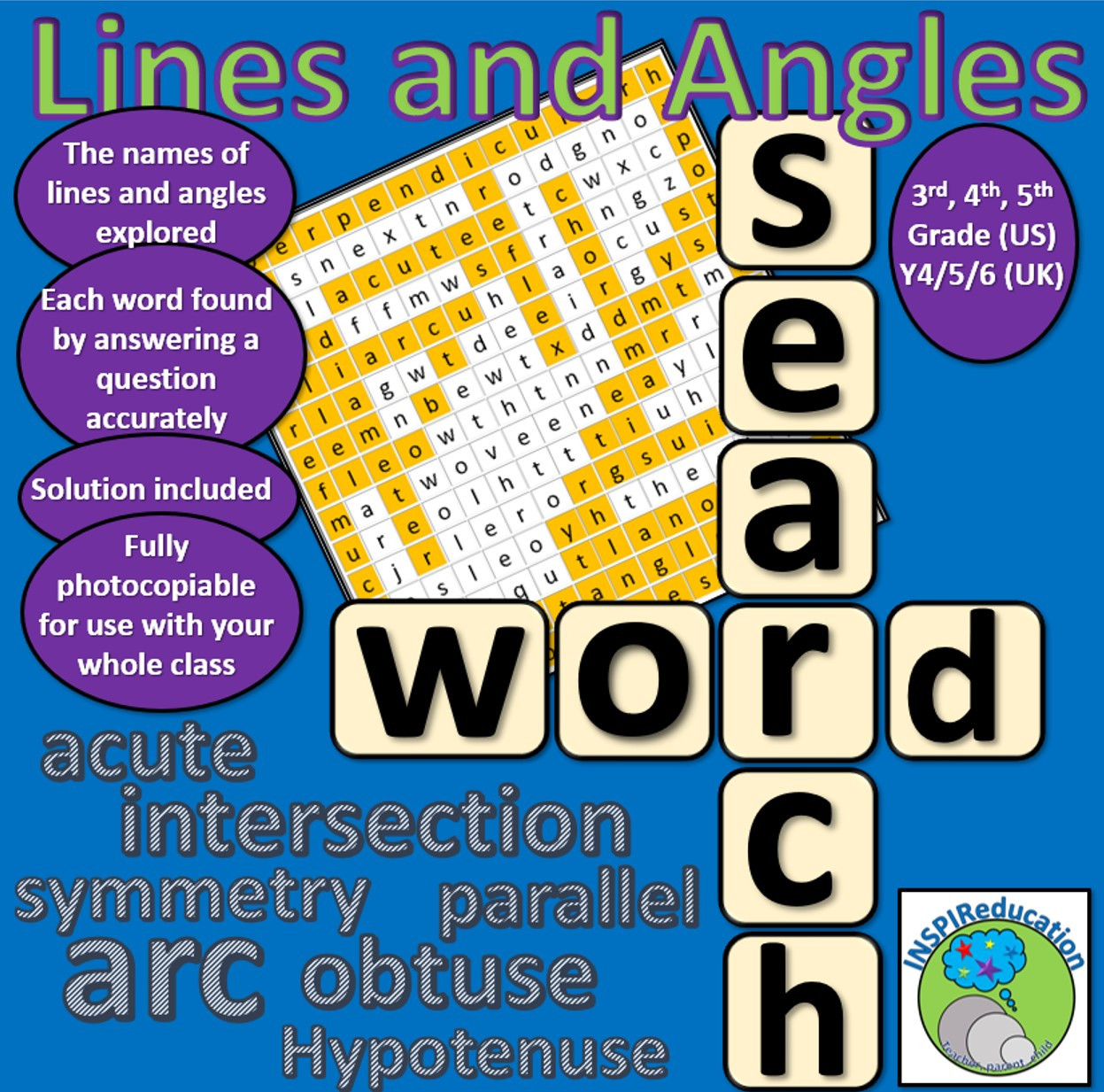 Lines and Angles Vocabulary - Quiz and Word Search. Answer the ...