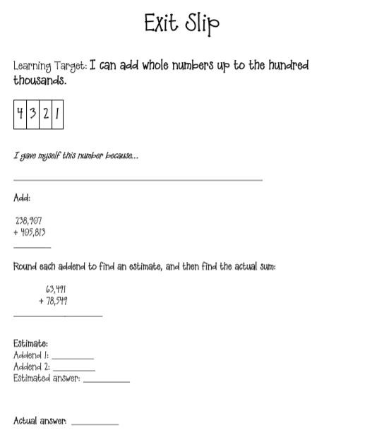 Place Value Exit Slips