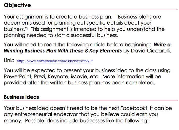 Business Plan activity for elementary social studies