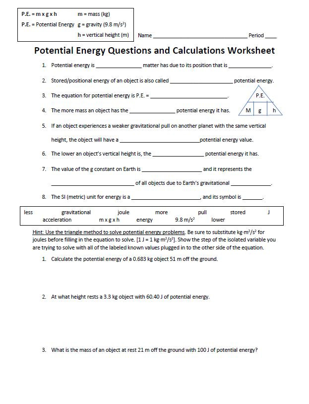 Potential Energy Questions and Calculations Worksheet - Amped Up Learning