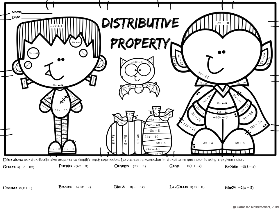 HALLOWEEN Basic Algebra - Distributive Property Worksheet - Color by ...