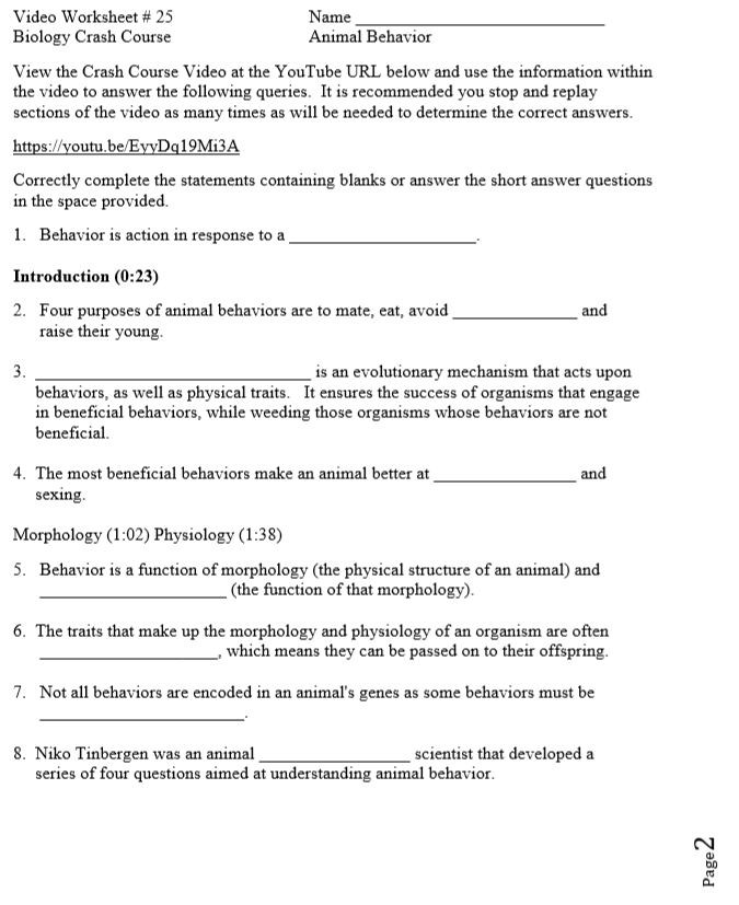 Crash Course Biology Video Worksheet 25: Animal Behavior - Amped Up ...