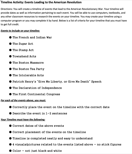 Timeline Activity: Events Leading to the American Revolution