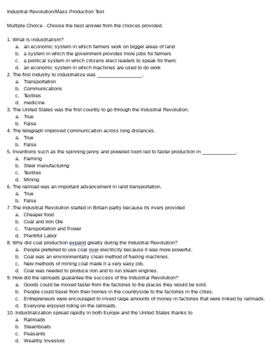 Industrial Revolution/Mass Production Test - Amped Up Learning