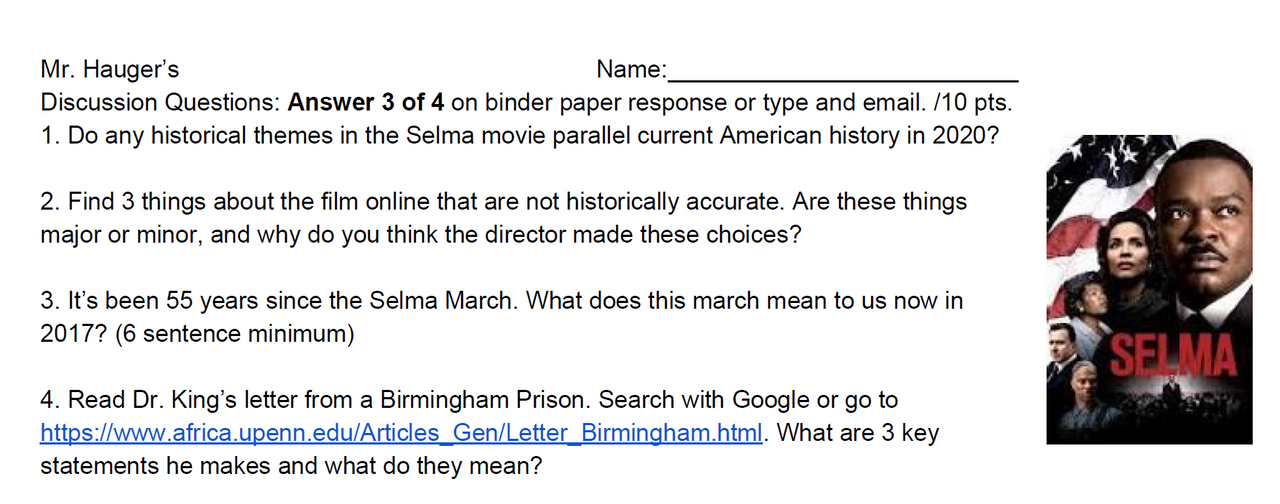 Selma Film Response 4 Choices for Student Inquiry and Further Research ...