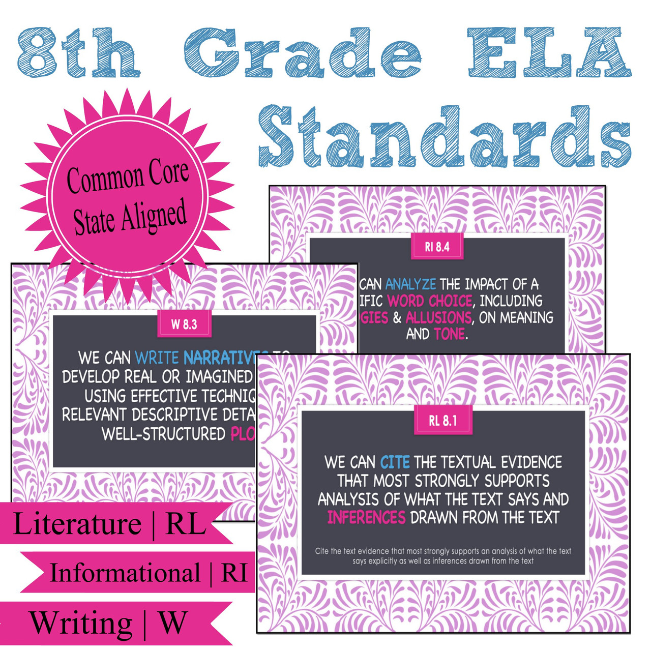 Comprehensive 8th Grade ELA Standards Powerpoint & PDF Prints - Amped ...