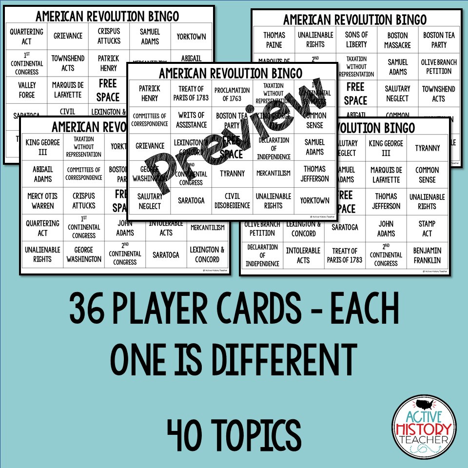 American Revolution Bingo Game