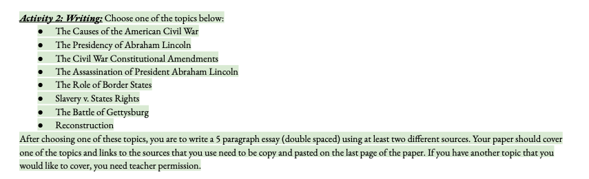 American Civil War Choice Activity