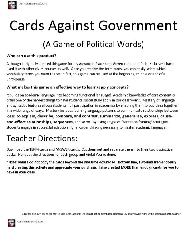 (AP Government) Cards Against Government - A Game of Political Words