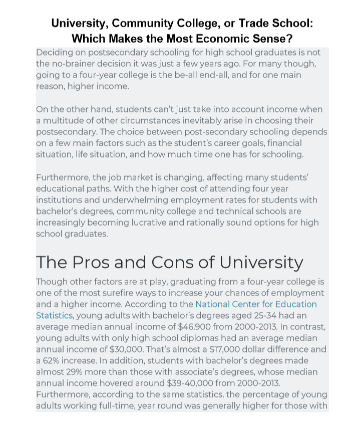 Comparison of Various Post-Secondary Options Article and Response ...