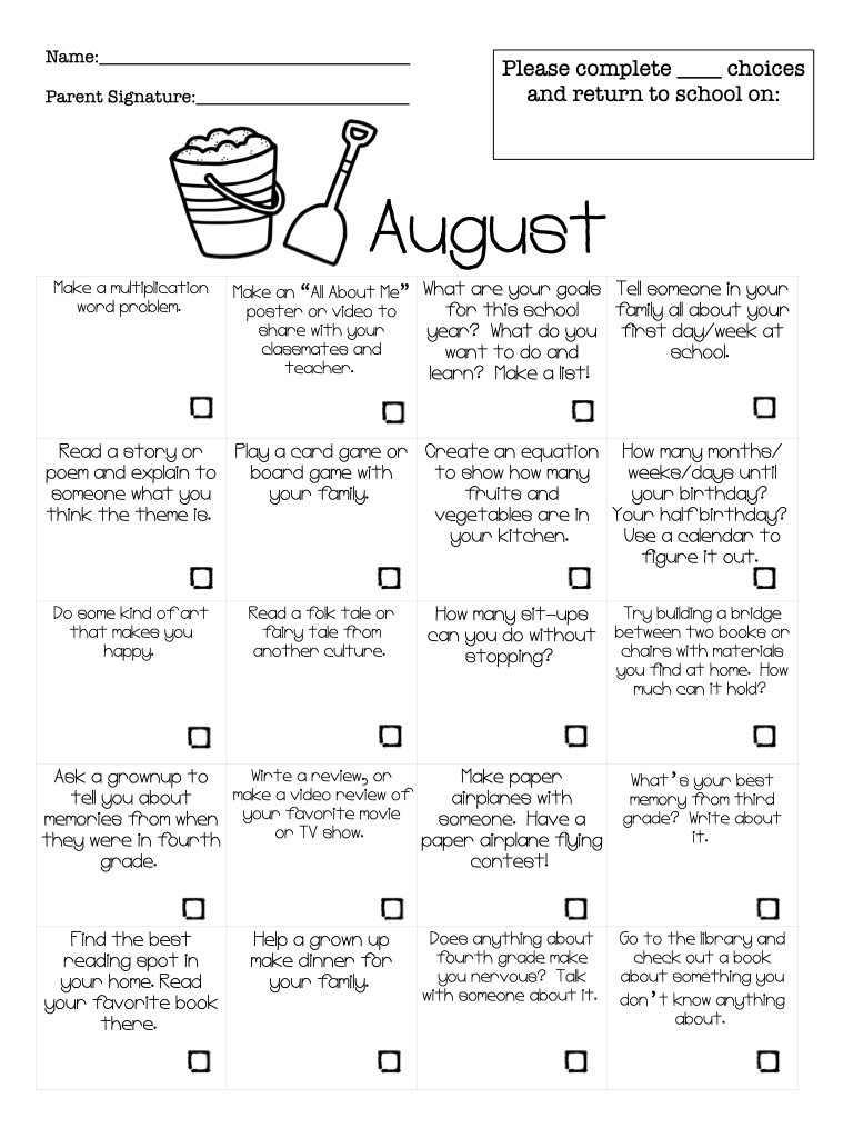 4th Grade Homework Choice Boards for All Year