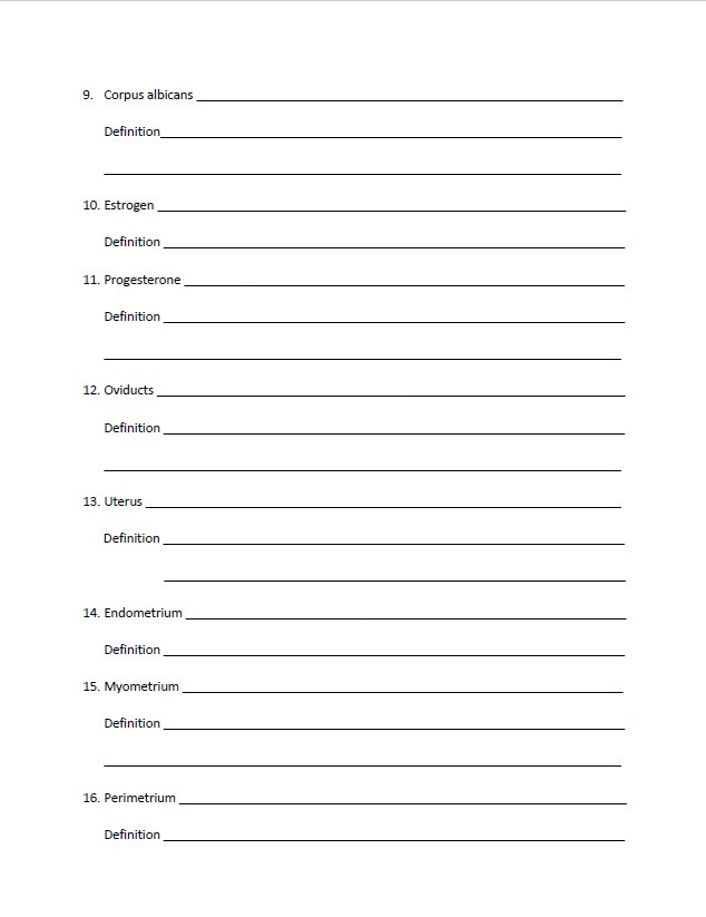 Female Reproductive System Latin Root Word Packet