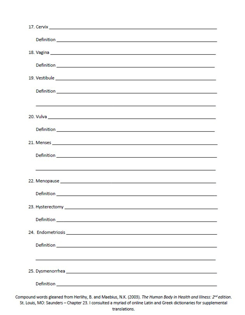 Female Reproductive System Latin Root Word Packet