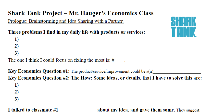 Shark Tank Brainstorming, Economics Class Project, Entrepreneurship PBL