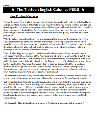 13 English Colonies PEGS Activity