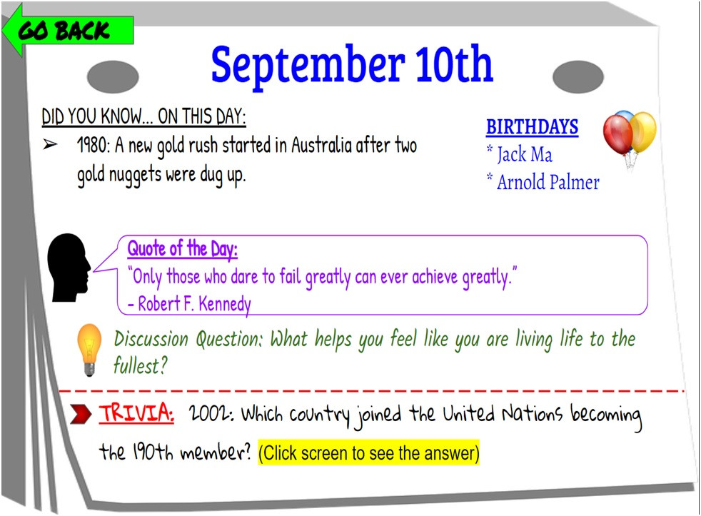 Daily Warm-Up, Closers for Class: Facts- Did You Know?-- September
