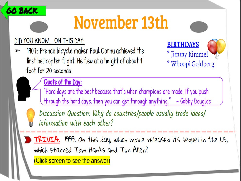 Daily Warm-Up, Closers for Class: Facts- Did You Know?-- November