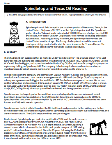 Spindletop and Texas ‌Oil Reading‌ ‌ - Amped Up Learning